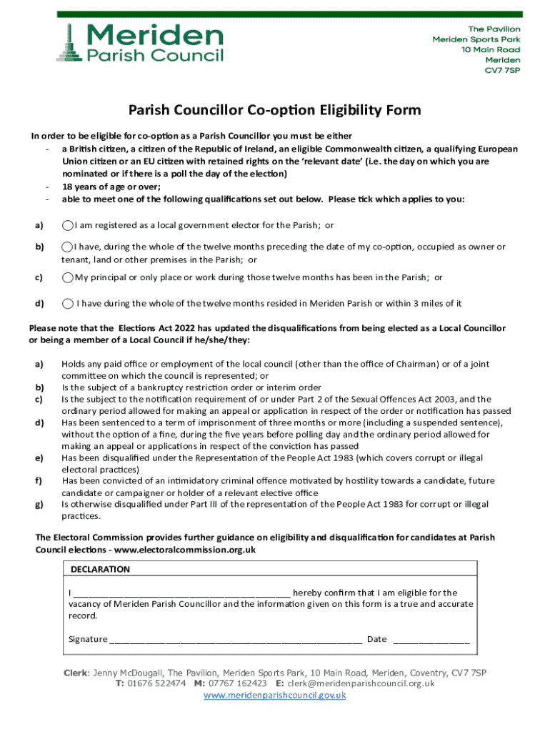 Fillable Online Parish Councillor Co-option Eligibility Fax Email Print ...