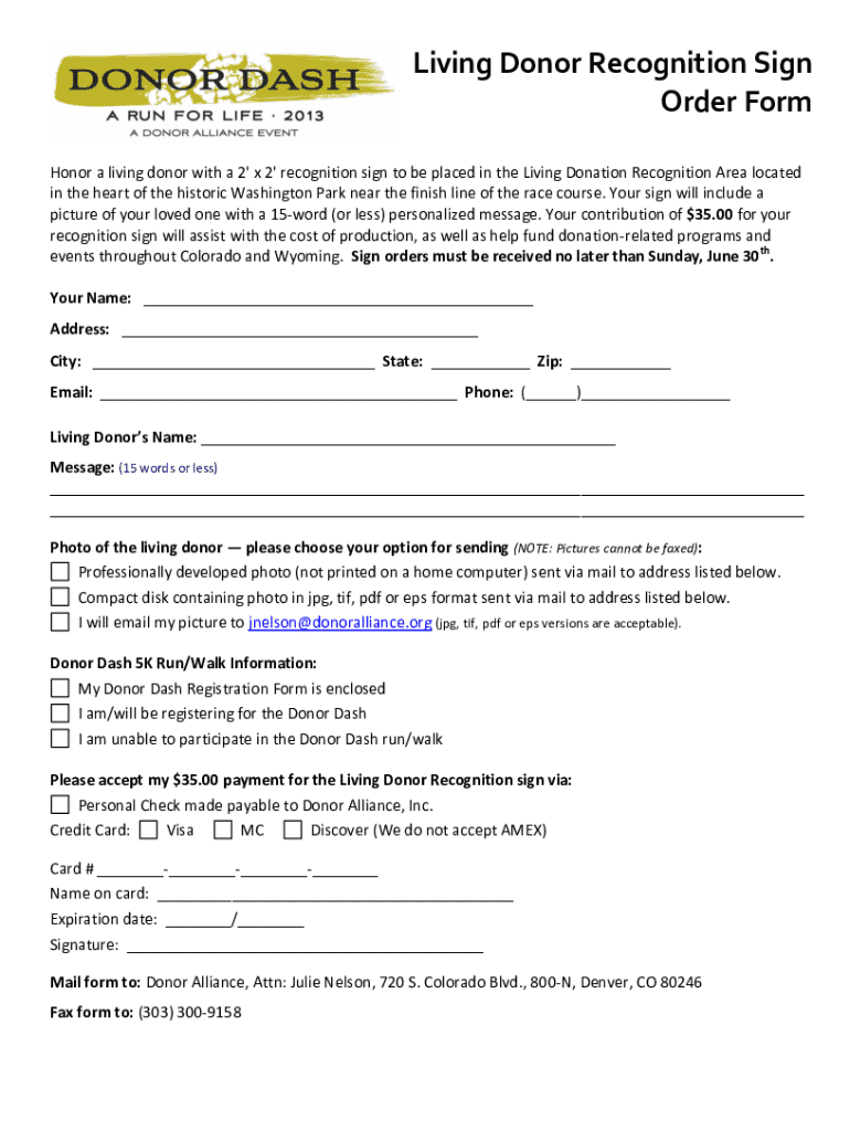 Fillable Online Living Donor Recognition Sign Order Fax Email Print ...
