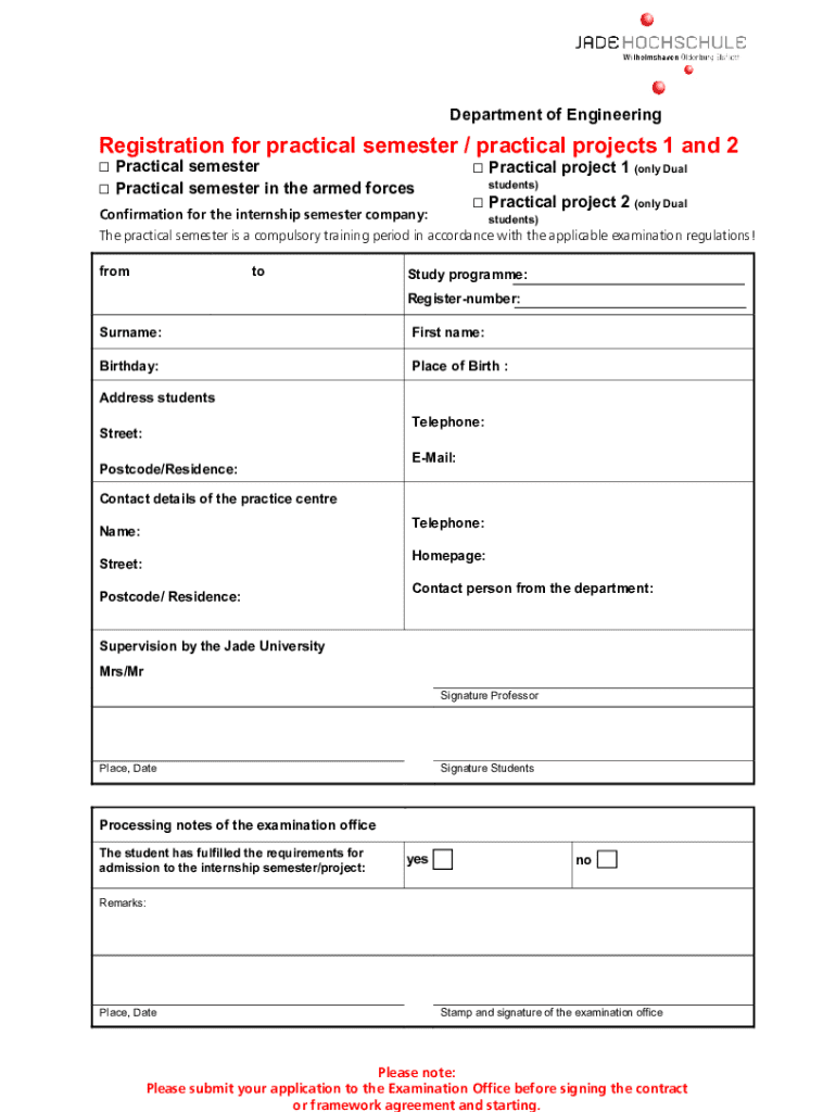 Fillable Online Registration for Practical Semester / Practical ...