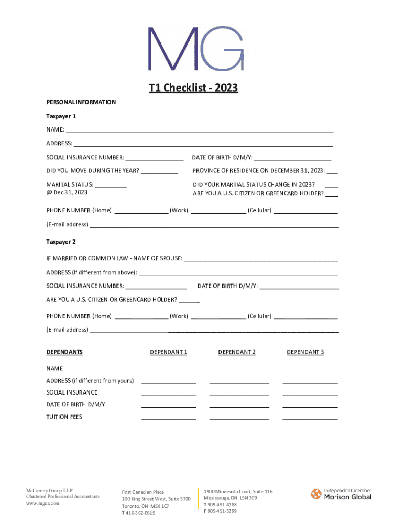 Fillable Online T1 Checklist - 2023 Fax Email Print - pdfFiller