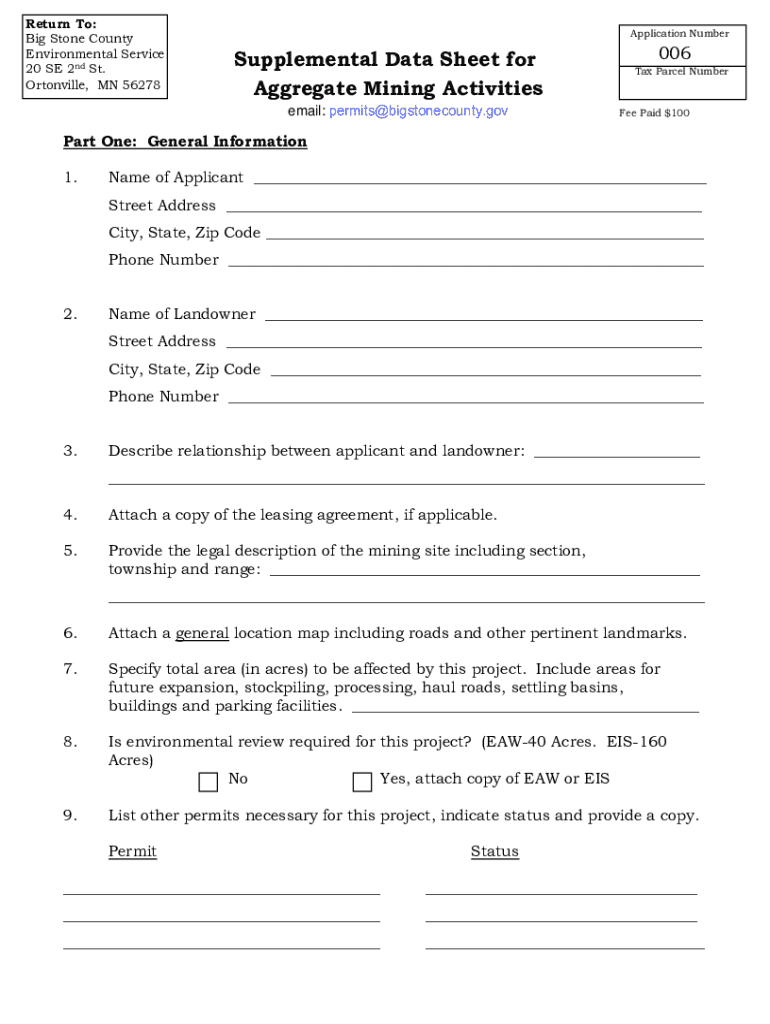Fillable Online Supplemental Data Sheet for Aggregate Mining Activities Fax Email Print - pdfFiller