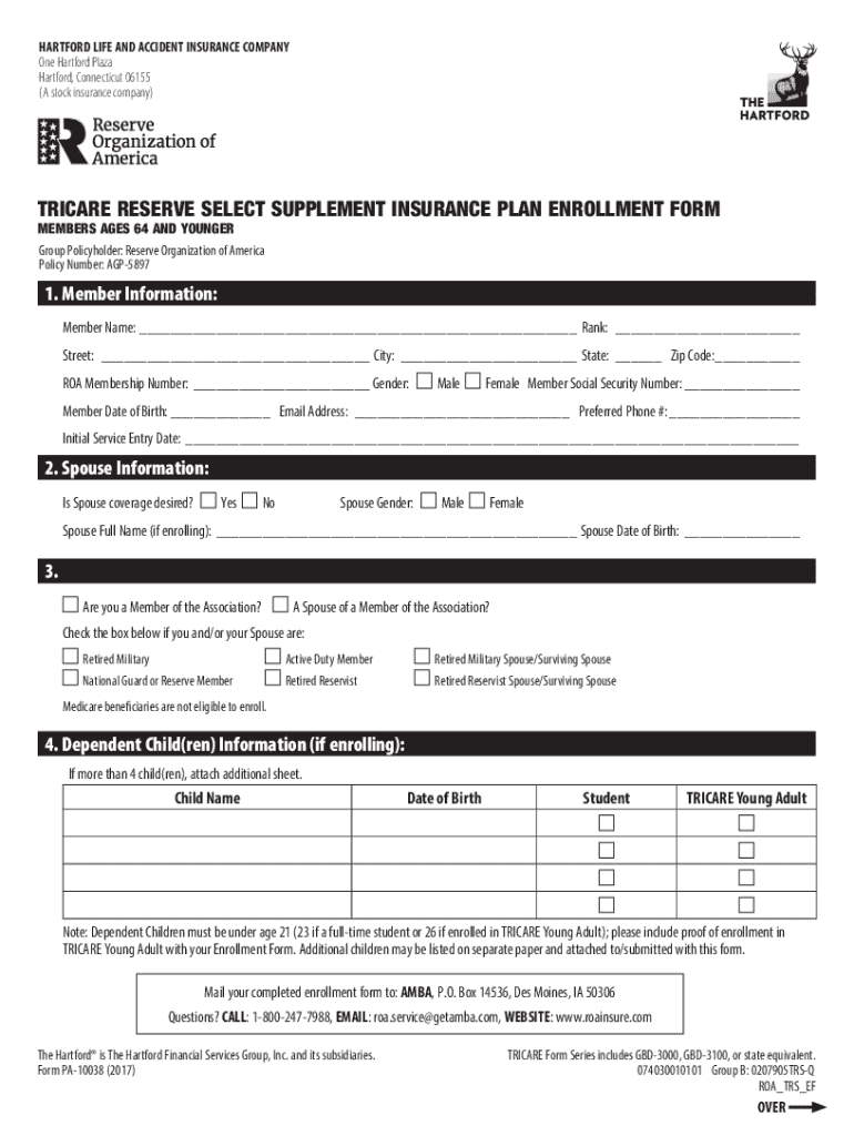 Fillable Online Tricare Reserve Select Supplement Insurance Plan ...