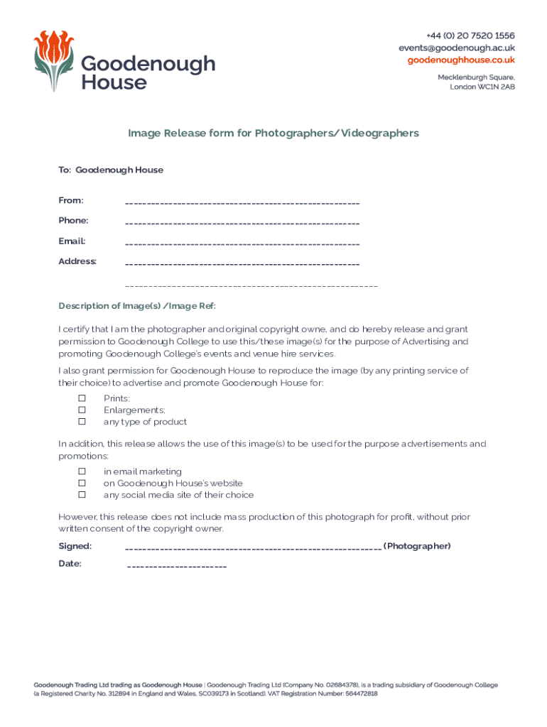 Fillable Online Image Release Form for Photographers/videographers Fax ...