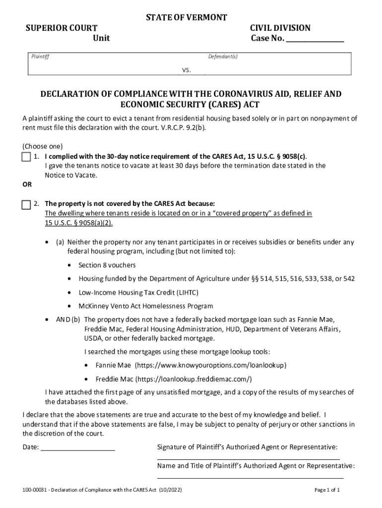 Fillable Online Declaration of Compliance With the Coronavirus Aid, Relief and Economic Security ...