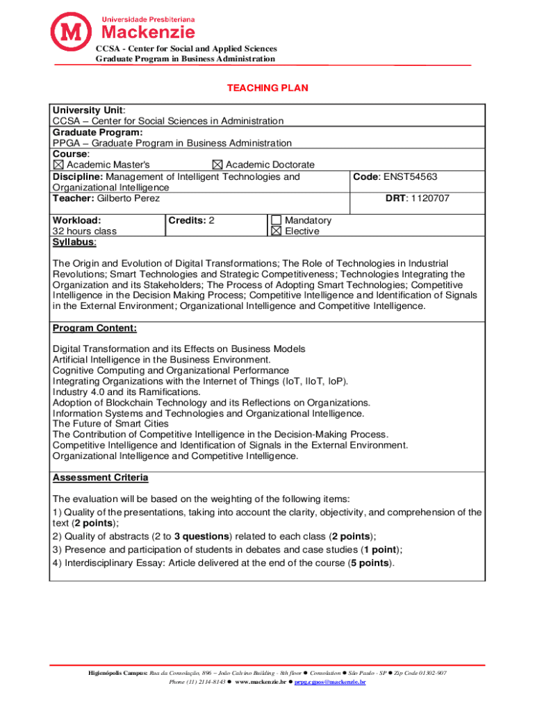 Fillable Online Teaching Plan for Management of Intelligent Technologies and Organizational ...
