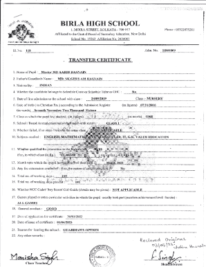 Fillable Online Birla High School Transfer Certificate Fax Email Print ...