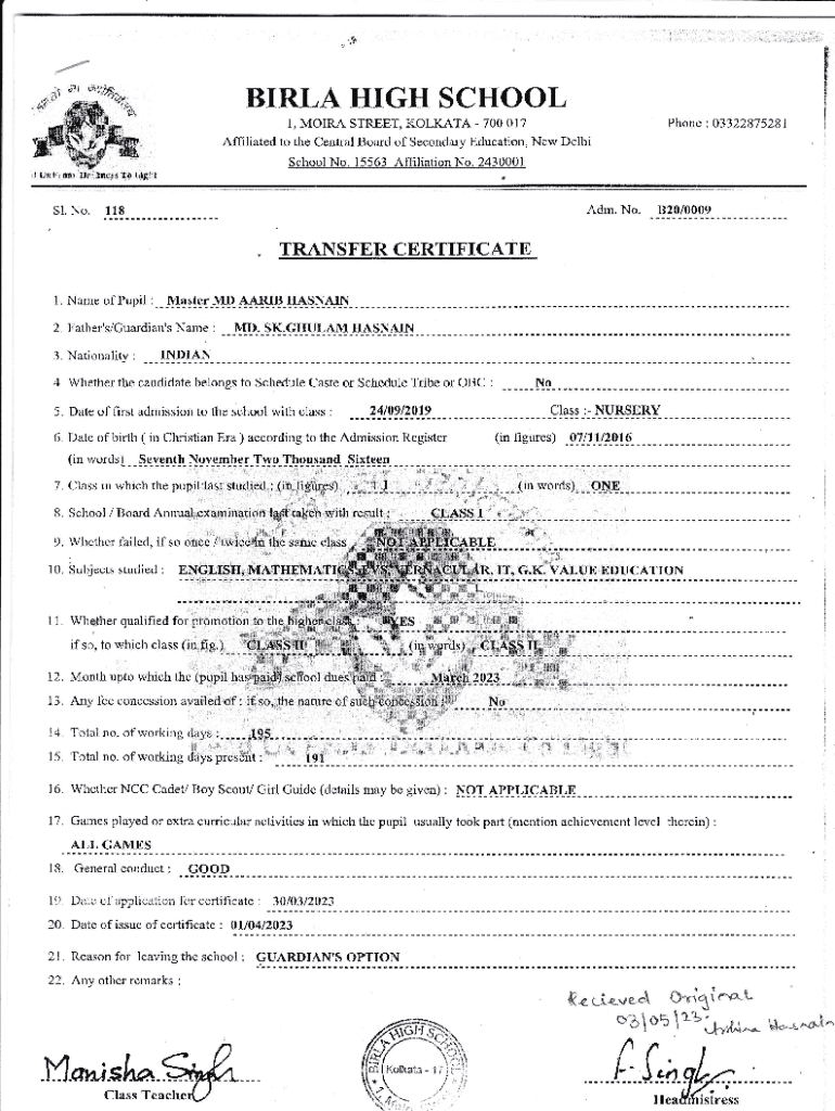 Fillable Online Birla High School Transfer Certificate Fax Email Print ...