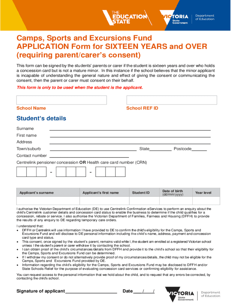 Fillable Online Camps, Sports and Excursions Fund Application Form for ...