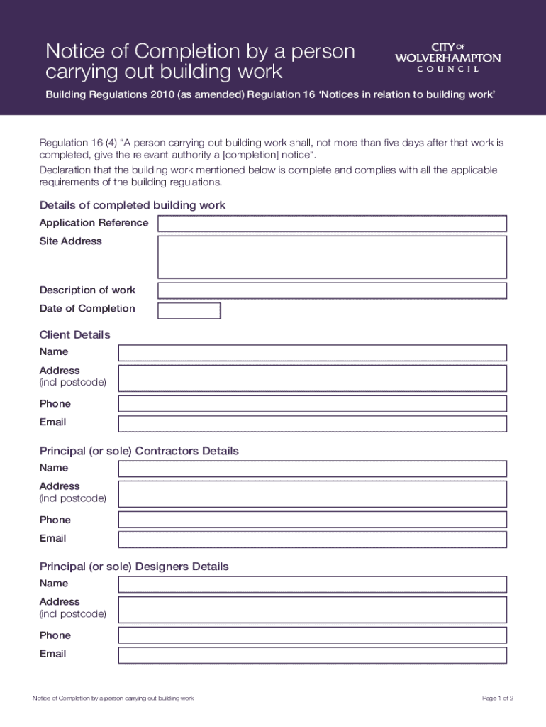 Fillable Online Notice of Completion by a Person Carrying Out Building ...