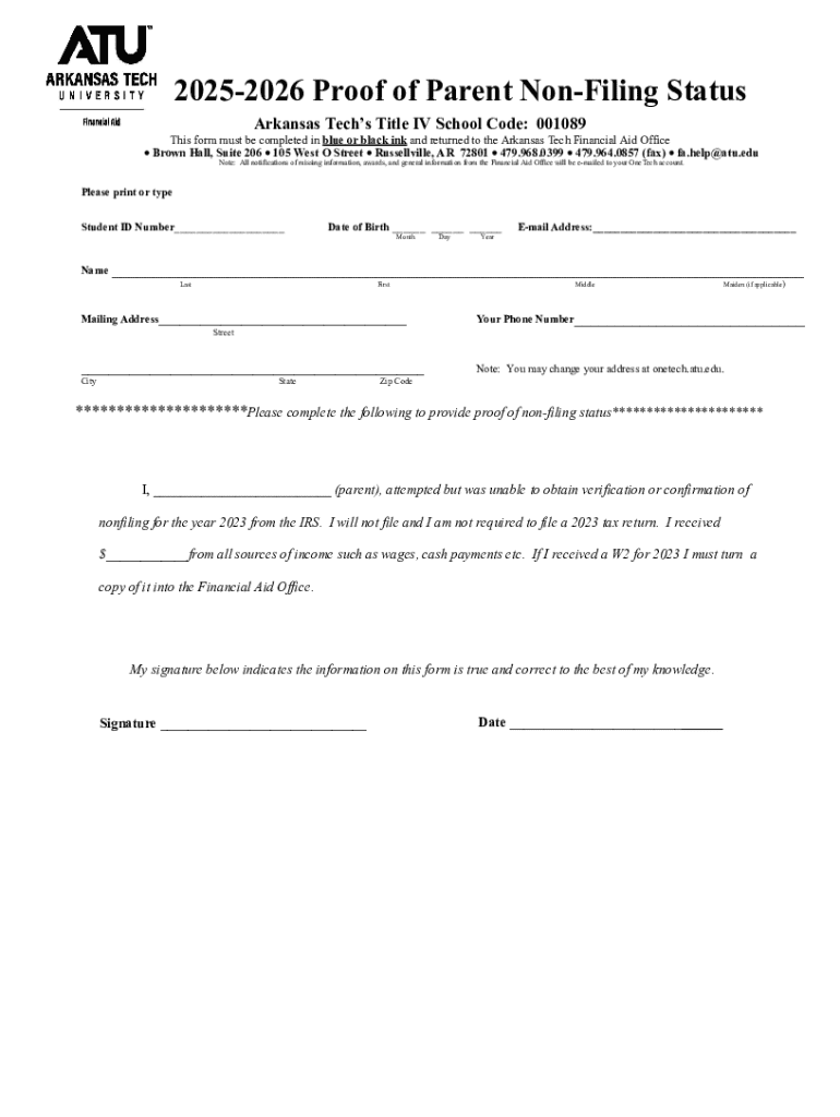 Fillable Online 2025-2026 Proof of Parent Non-filing Status Fax Email ...