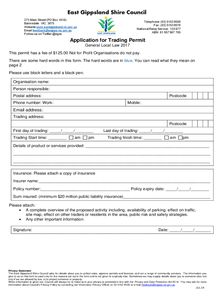 Fillable Online Application for Trading Permit - General Local Law 2017 ...