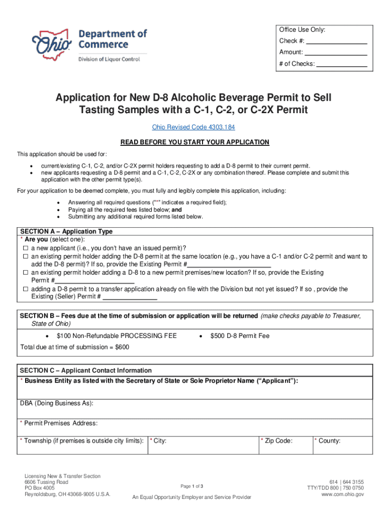 Fillable Online Application for New D-8 Alcoholic Beverage Permit to ...