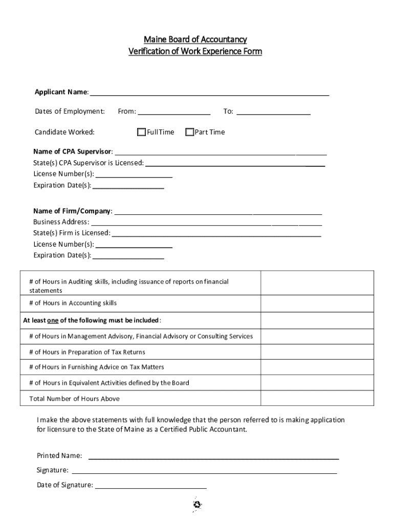Fillable Online Maine Board of Accountancy - Verification of Work Experience Fax Email Print ...