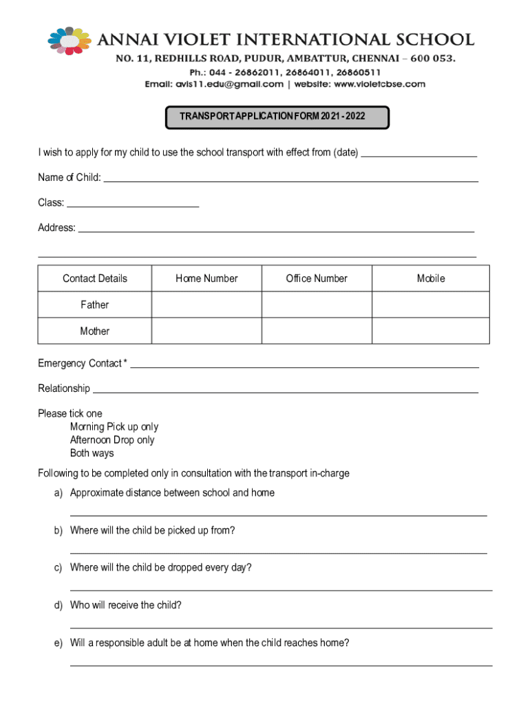 Fillable Online Transport Application Form 2021 - 2022 Fax Email Print - pdfFiller
