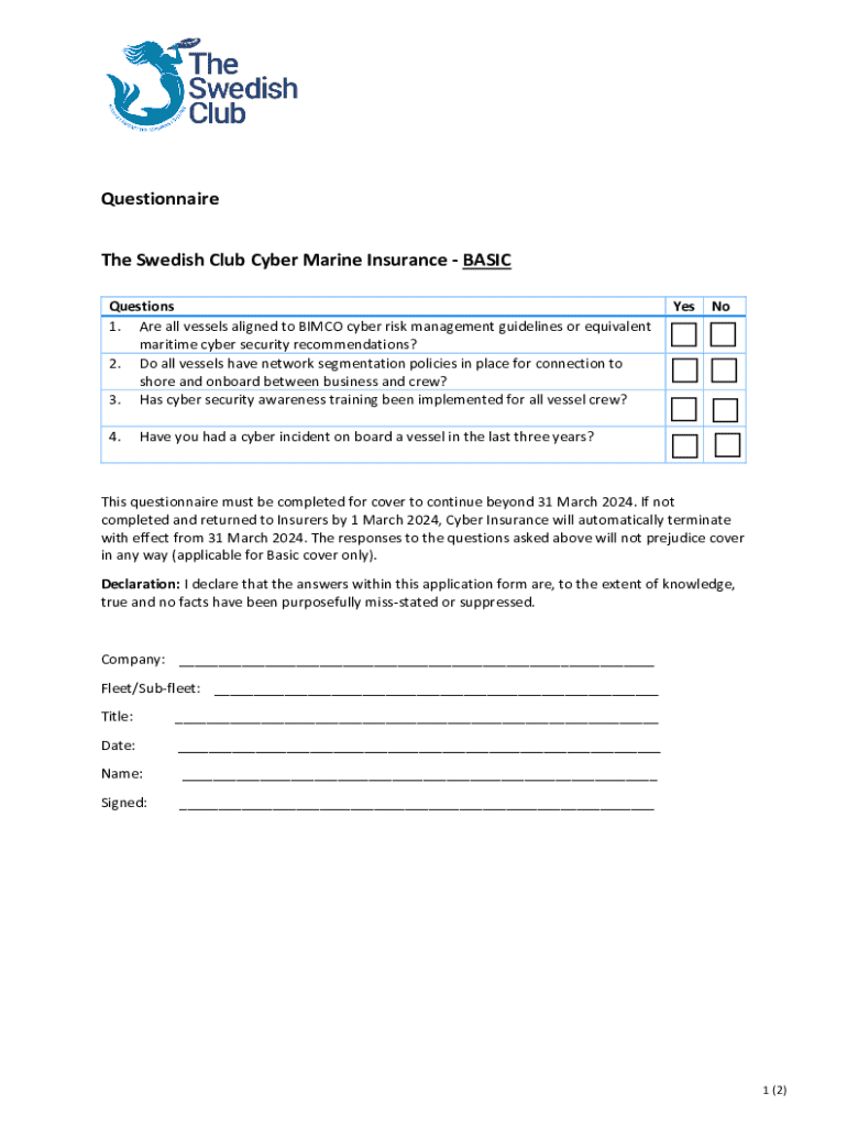 Fillable Online Cyber Marine Insurance Questionnaire - Basic & Basic ...