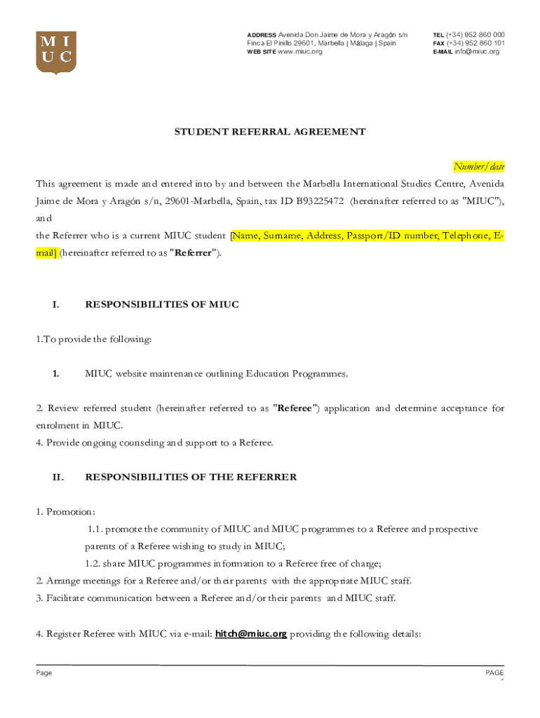 Fillable Online Agreement for Referring Students to Miuc Fax Email ...