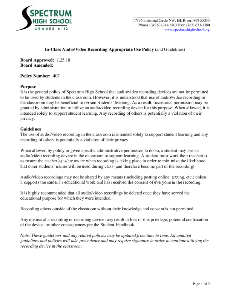 Fillable Online in-class Audio/video Recording Appropriate Use Policy ...