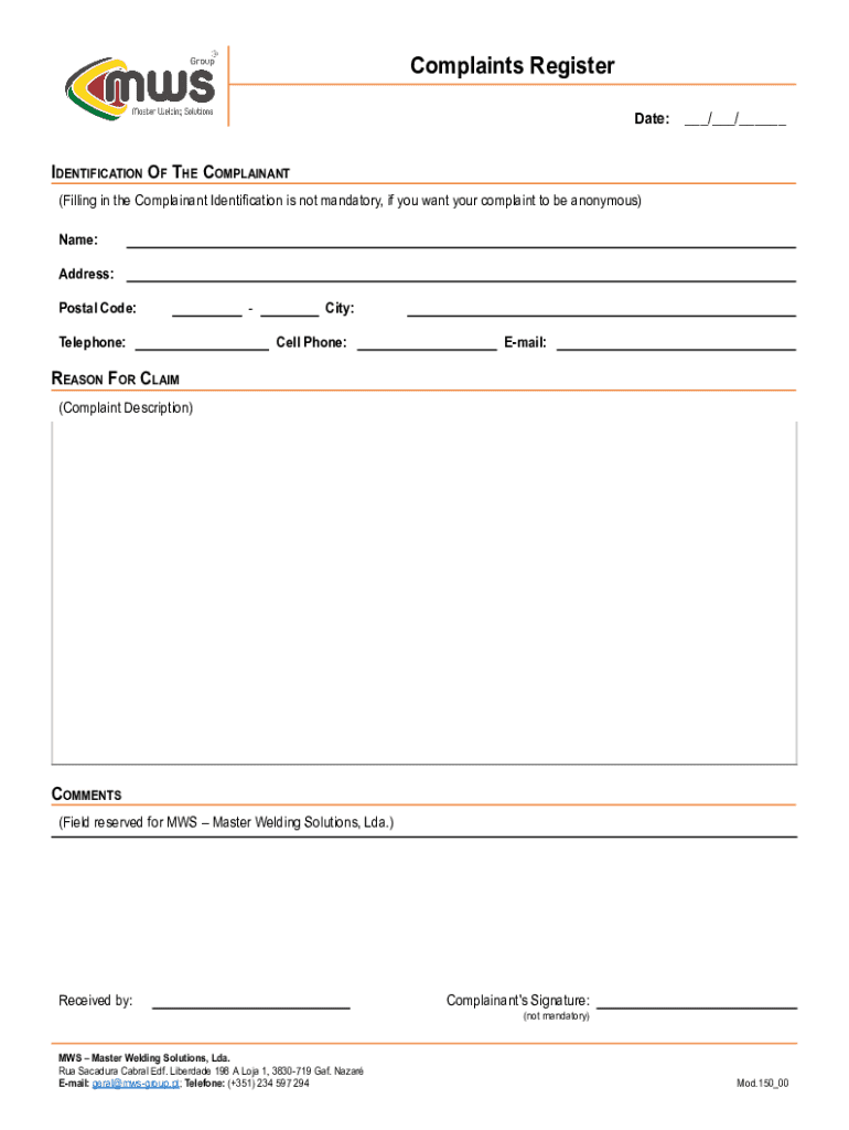 Fillable Online Complaints Register Fax Email Print - pdfFiller