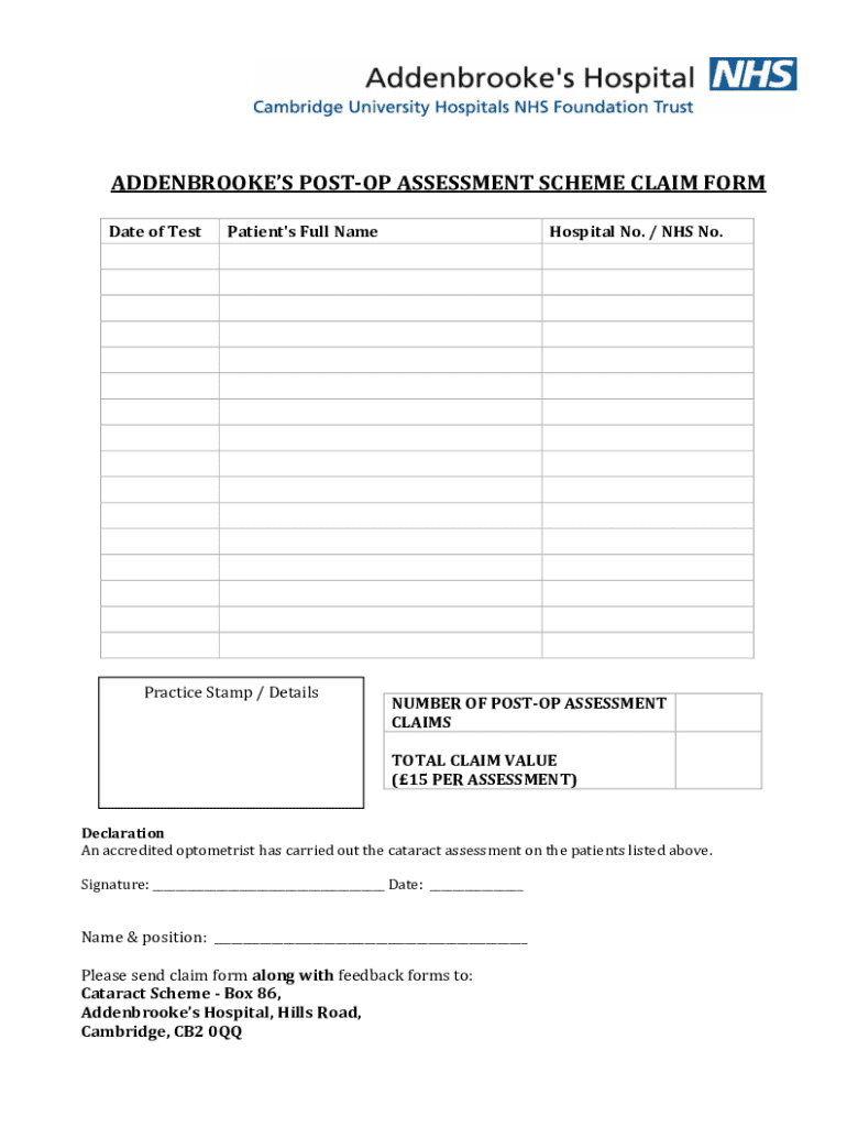 Fillable Online Post-operative Assessment Claim Form Fax Email Print ...