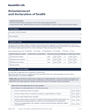 Fillable Online Reinstatement and Declaration of Health Fax Email Print - pdfFiller