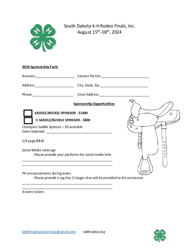 Fillable Online South Dakota 4-h Rodeo Finals Sponsorship Opportunities ...