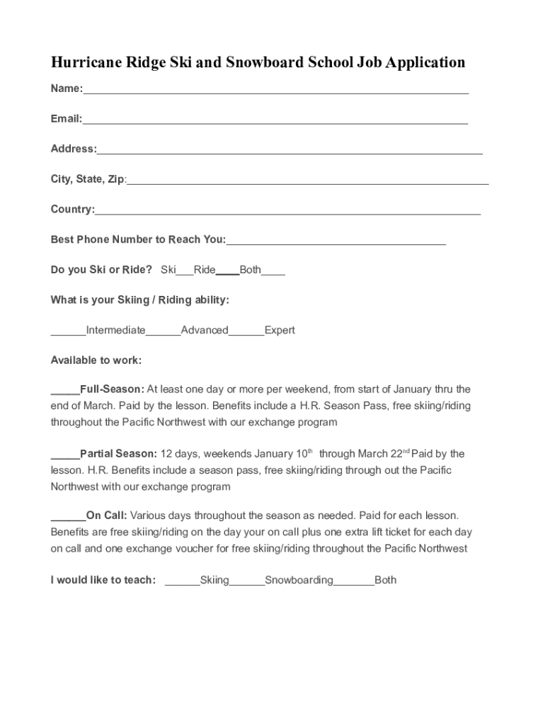 Fillable Online Hurricane Ridge Ski and Snowboard School Job ...
