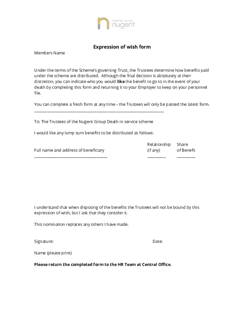Fillable Online Expression of Wish for Death Benefits Fax Email Print ...