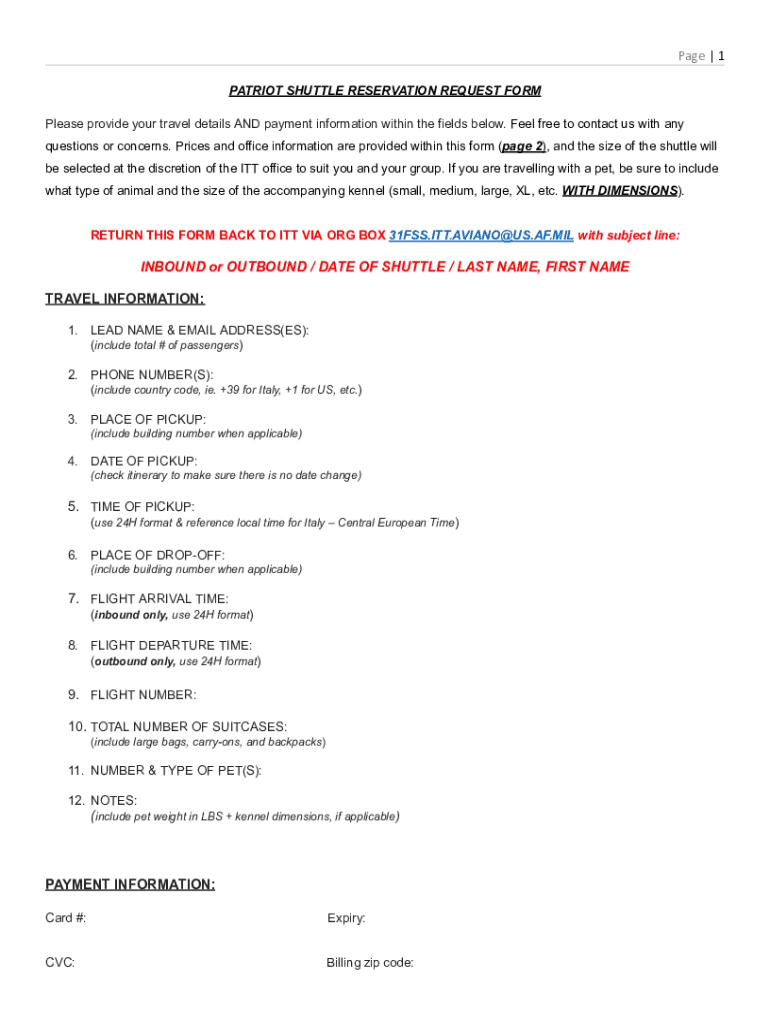 Fillable Online Patriot Shuttle Reservation Request Form Fax Email ...