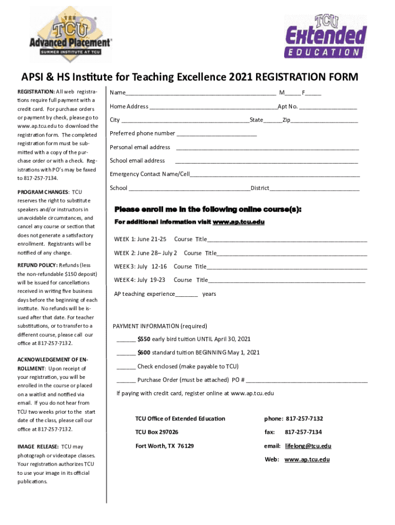 Fillable Online Apsi & Hs Institute for Teaching Excellence 2021 ...