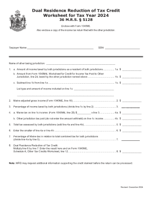 Fillable Online Dual Residence Reduction of Tax Credit Worksheet for ...