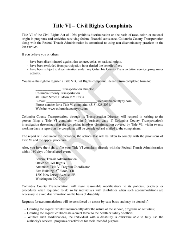 Fillable Online Title Vi – Civil Rights Complaints Fax Email Print ...