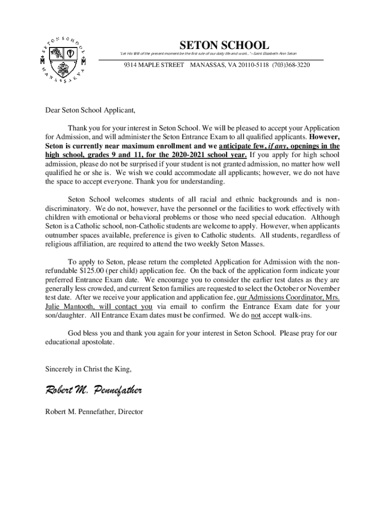 Fillable Online Seton School Admission Application Fax Email Print ...
