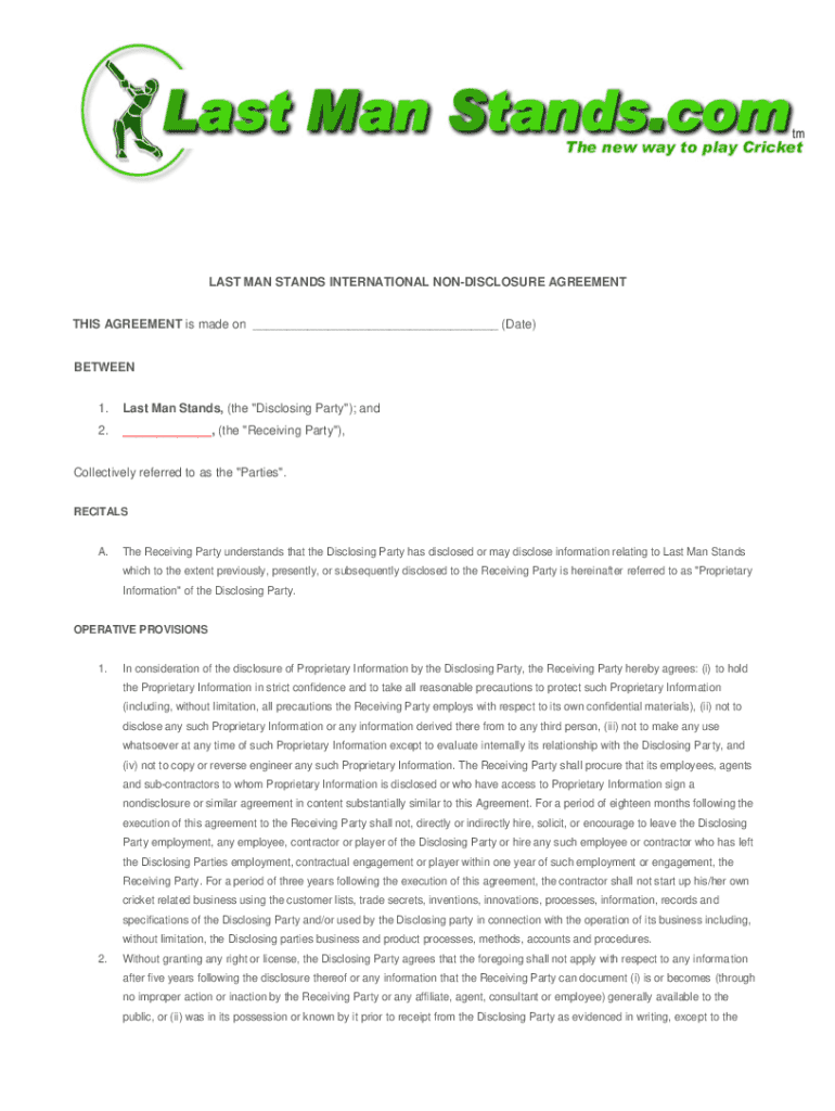 Fillable Online Last Man Stands International Non-disclosure Agreement ...