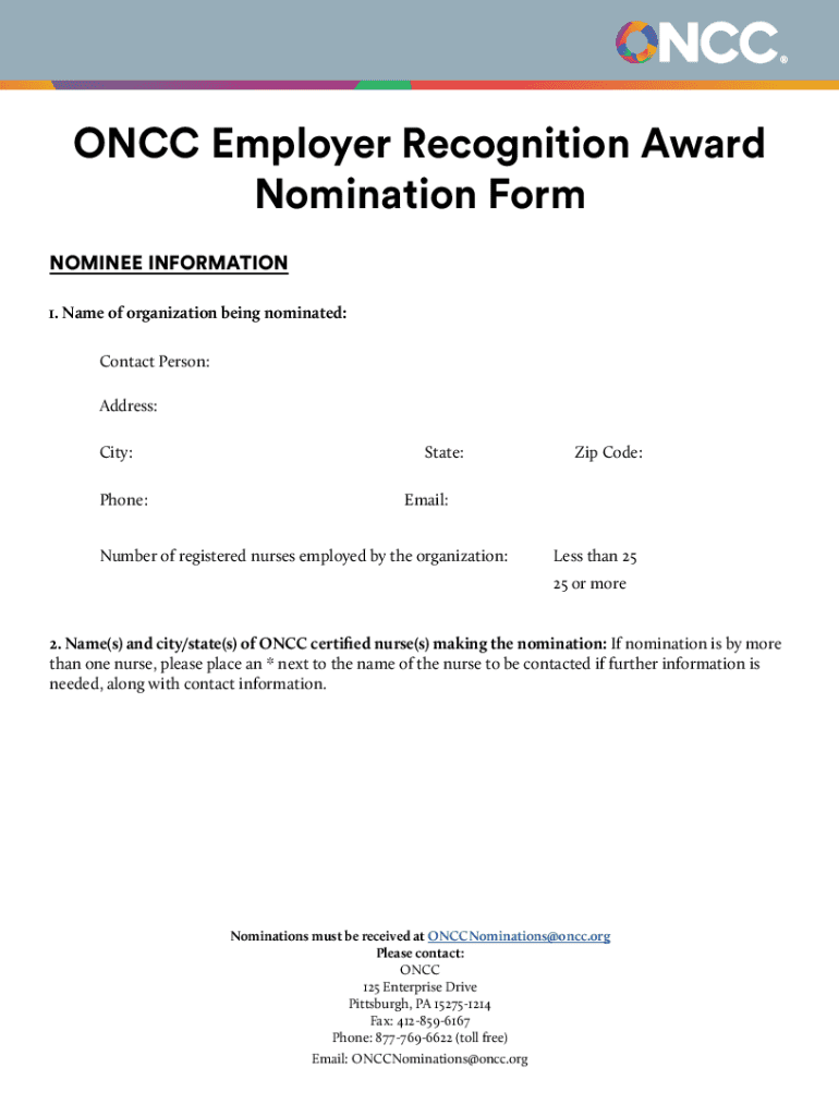 Fillable Online Oncc Employer Recognition Award Nomination Fax Email Print - pdfFiller