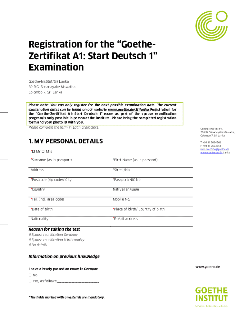 Fillable Online Goethe-zertifikat A1: Start Deutsch 1 Registration Fax ...