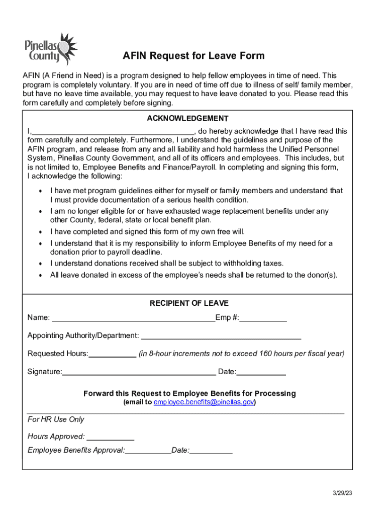 Fillable Online Afin (a Friend in Need) Program Request for Leave Fax Email Print - pdfFiller