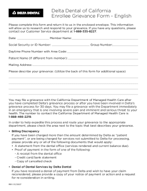 Fillable Online Delta Dental of California Enrollee Grievance Form - English Fax Email Print ...