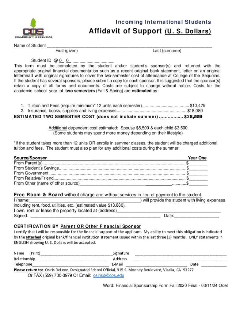 Fillable Online Affidavit of Support for Incoming International ...