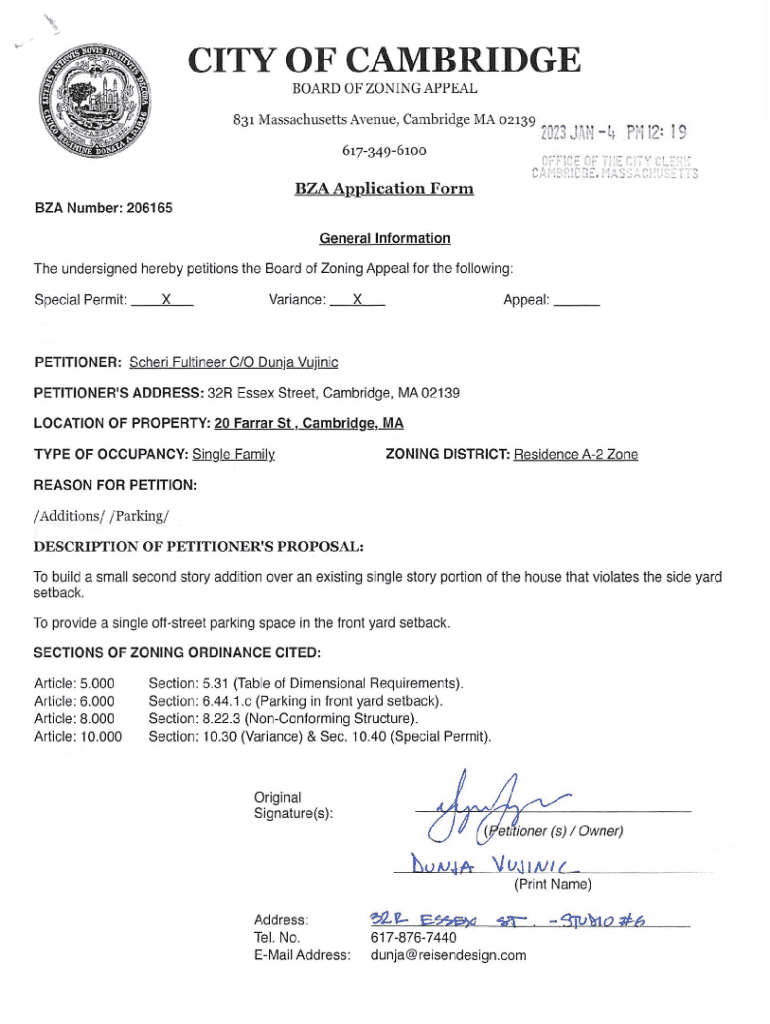 Fillable Online Board of Zoning Appeal Application for 20 Farrar St, Cambridge, Ma Fax Email ...