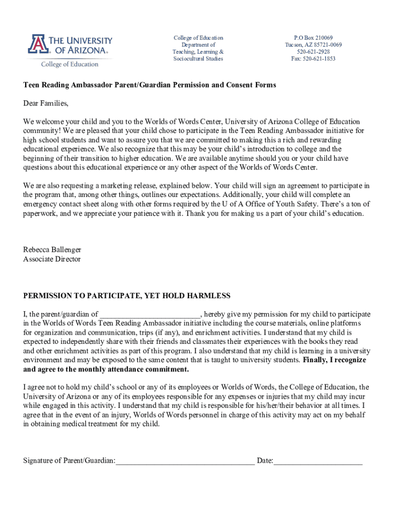 Fillable Online Teen Reading Ambassador Program Consent Forms Fax Email ...