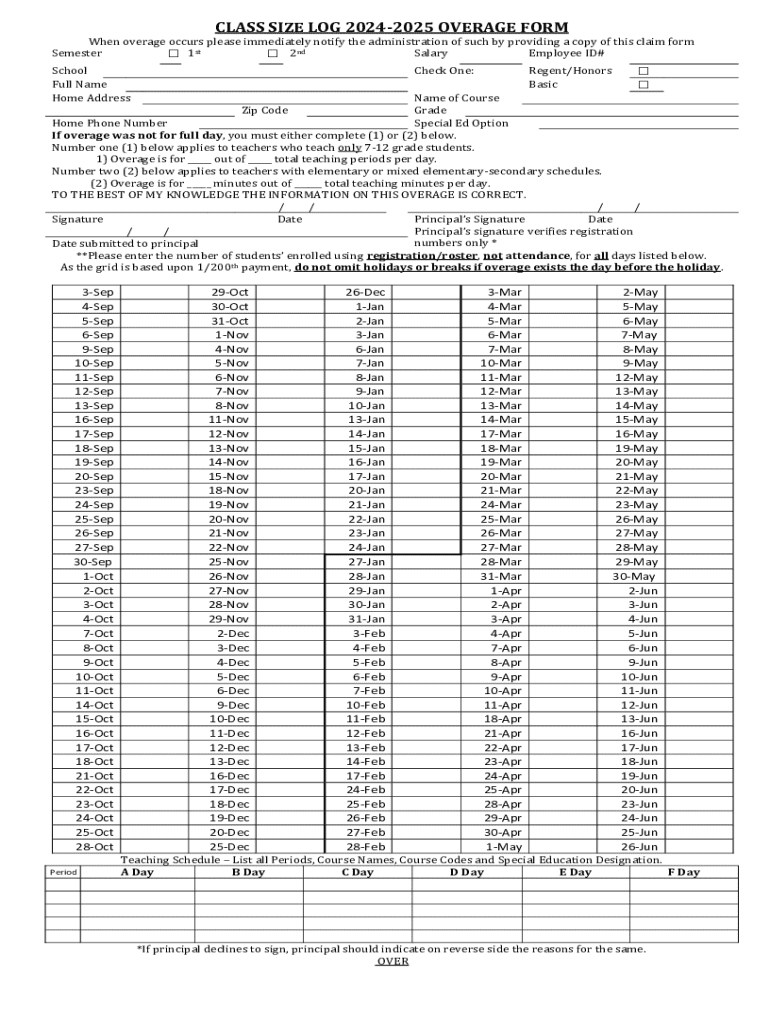 Fillable Online Class Size Log Overage Form for 2024-2025 Fax Email ...