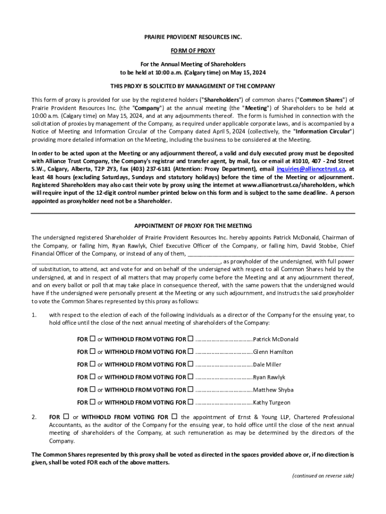 Fillable Online Prairie Provident Resources Inc. Form of Proxy Fax Email Print - pdfFiller