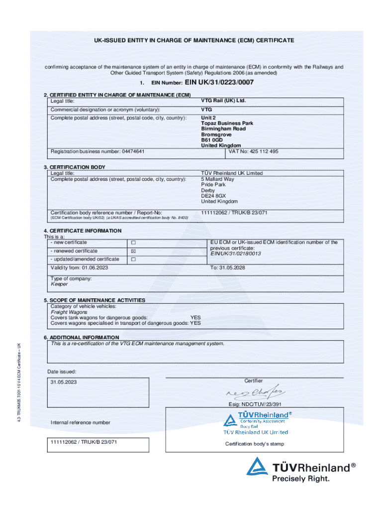 Fillable Online UK-ISSUED ENTITY IN CHARGE OF MAINTENANCE (ECM ...