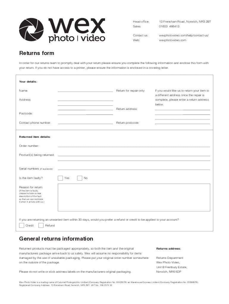 Fillable Online Wex Photo Video Returns Form Fax Email Print - pdfFiller