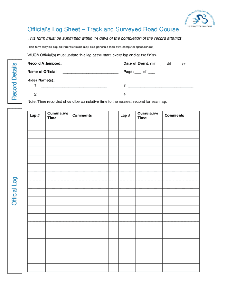 Fillable Online Official’s Log Sheet – Track and Surveyed Road Course ...
