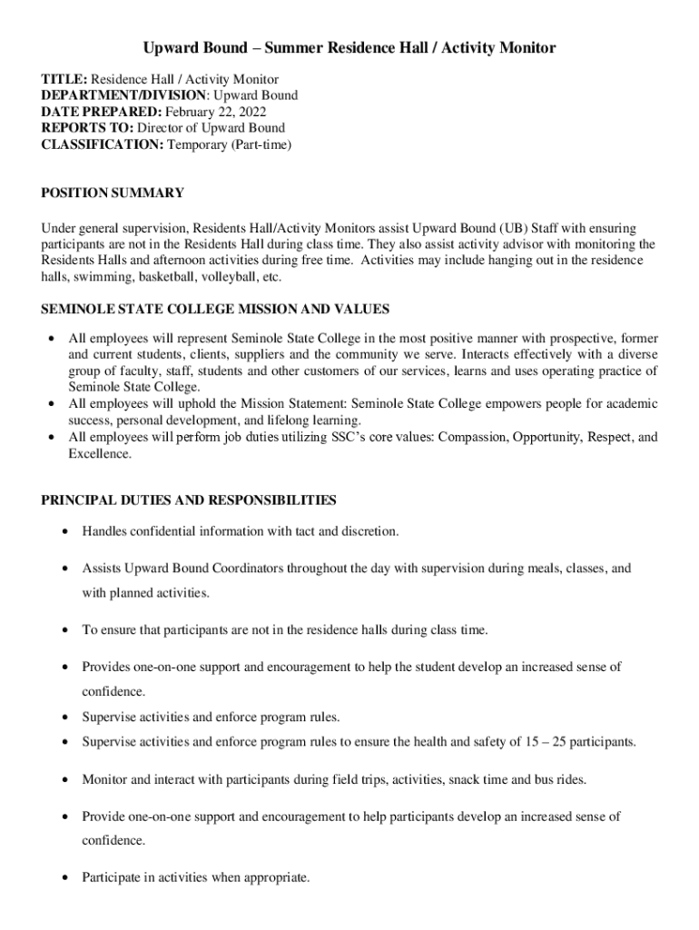 Fillable Online Residence Hall / Activity Monitor Fax Email Print ...