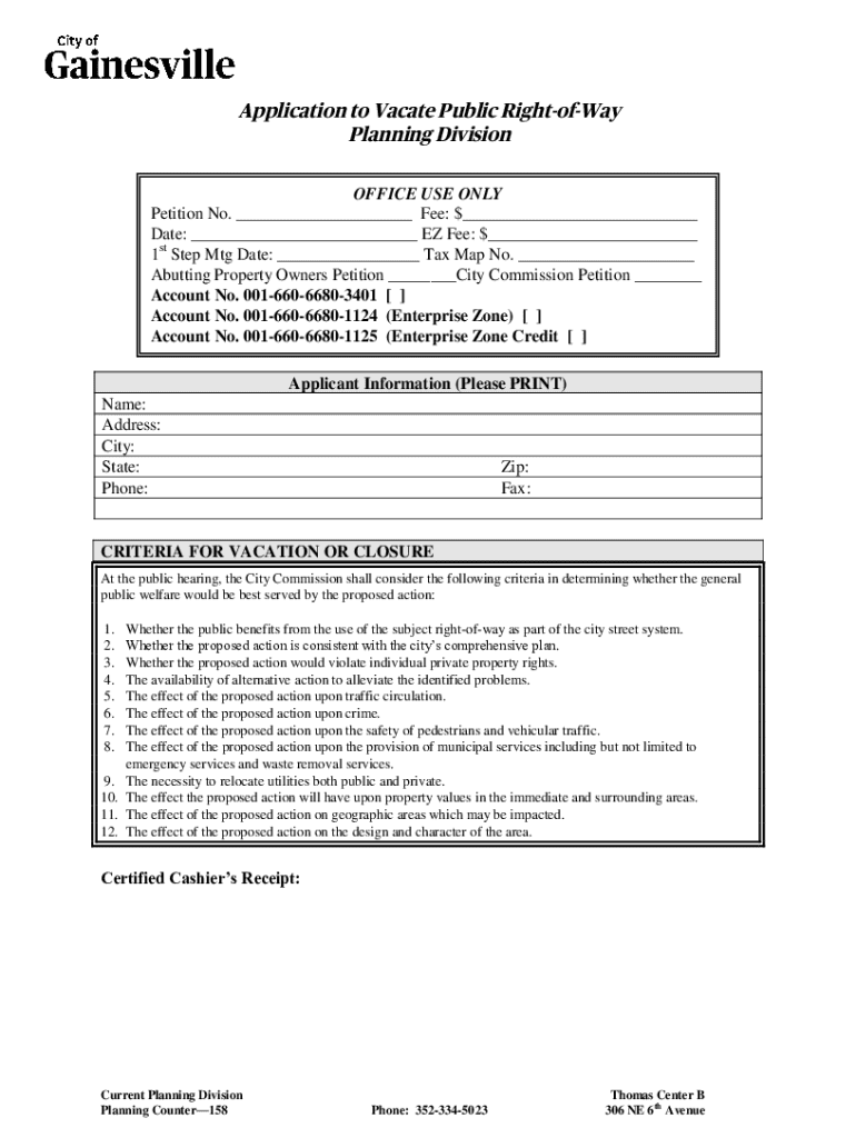 Fillable Online Application to Vacate Public Right-of-way Fax Email ...
