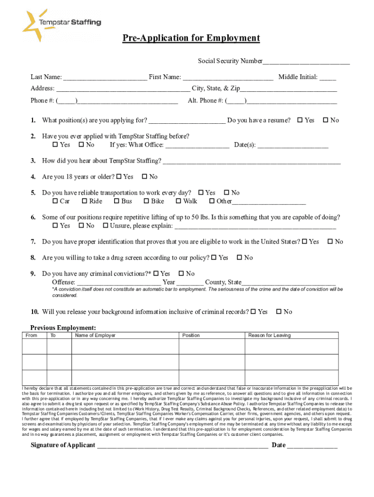 Fillable Online Pre-application for Employment Fax Email Print - pdfFiller