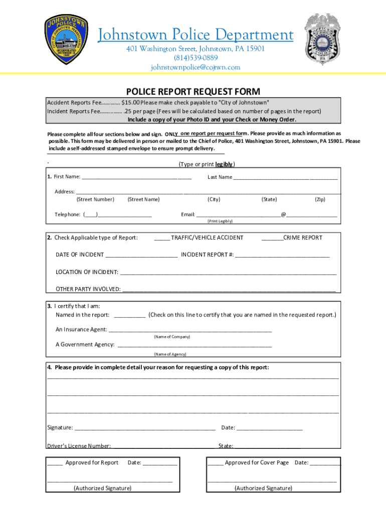 Fillable Online Johnstown Police Department Police Report Request Fax ...