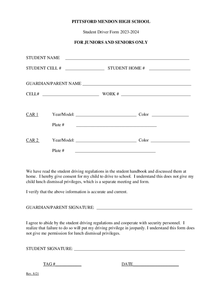 Fillable Online Pittsford Mendon High School Student Driver Form 2023 ...